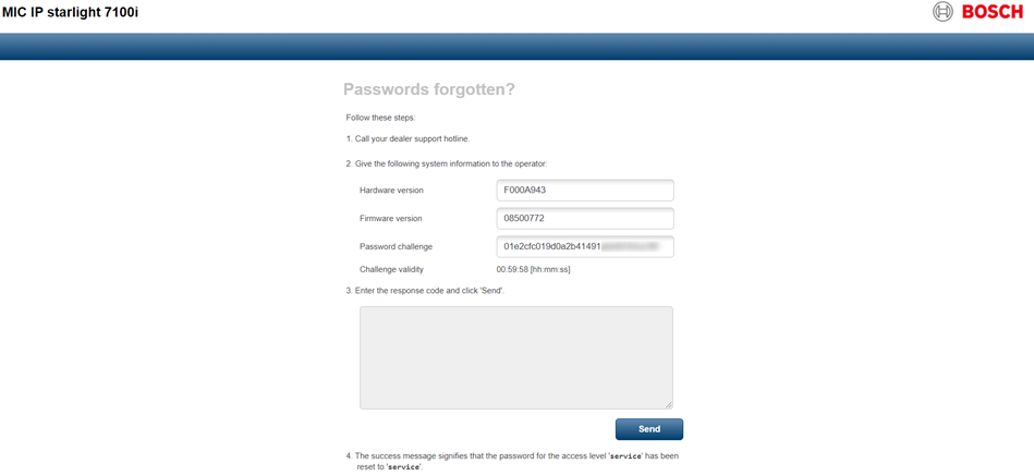 What information is required for password reset of Bosch IP camera, SW ...