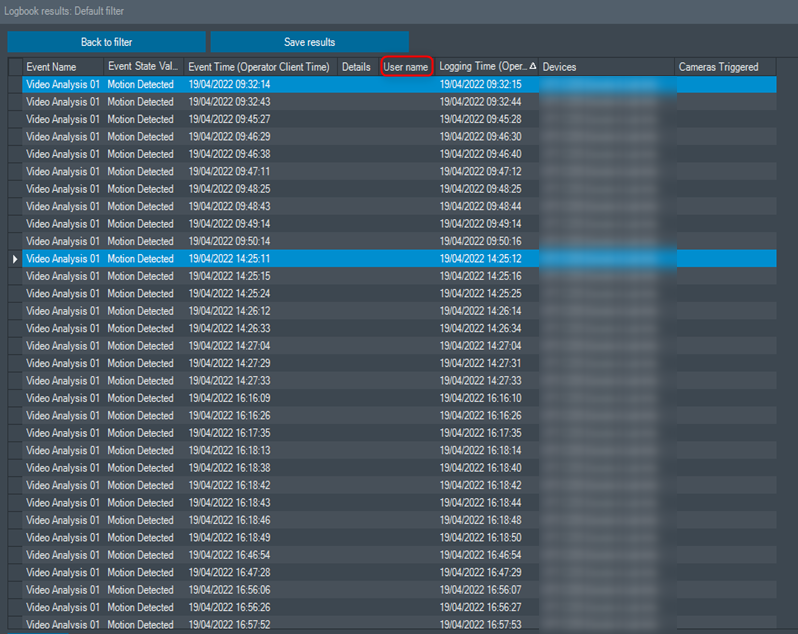 What does the User Name column indicate in the BVMS Operator Client ...
