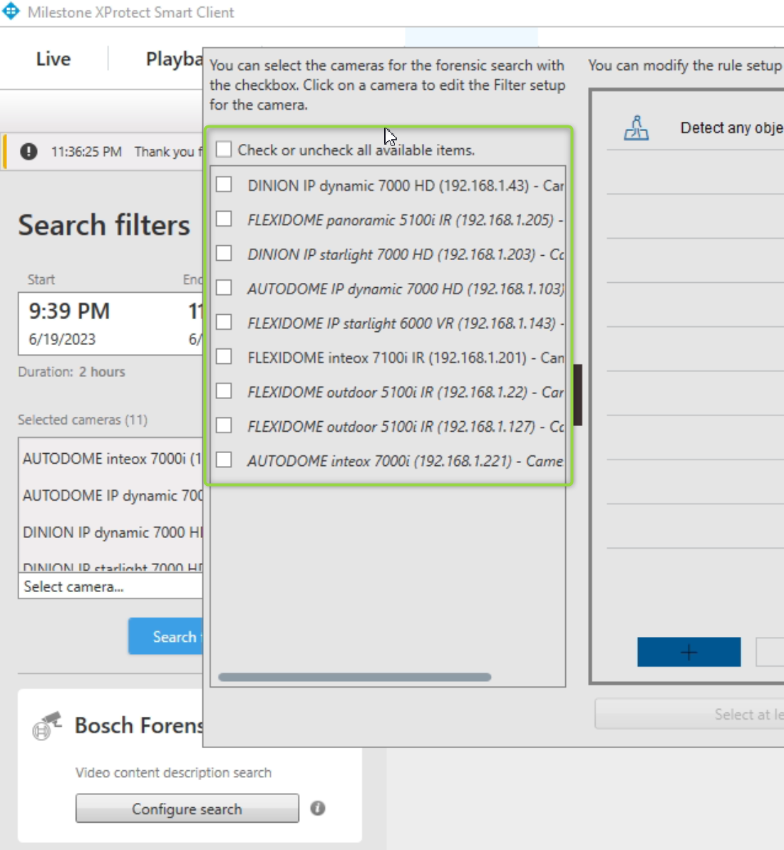 What to do when cameras are not activated for a Bosch Forensic Search ...