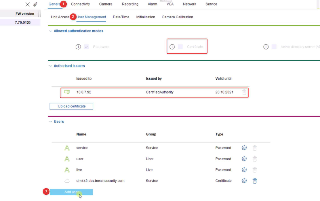 How to setup Certificate based authentication with Bosch?