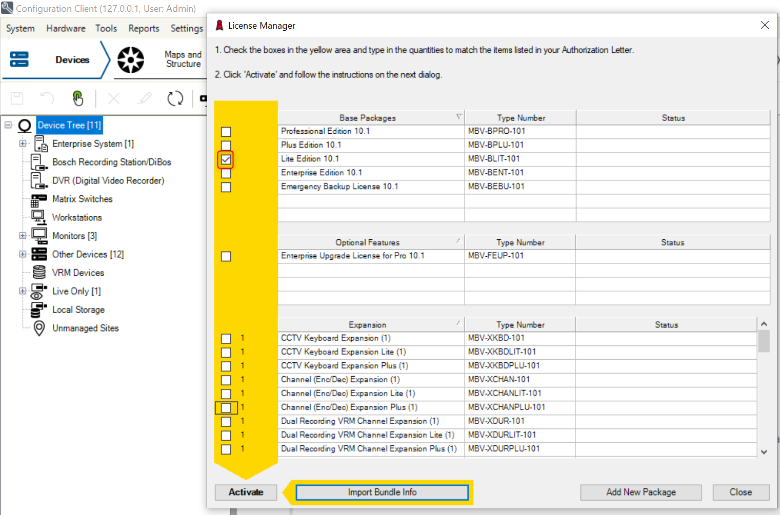 How to activate Bosch Video Management System license (below BVMS v11.0 version)?